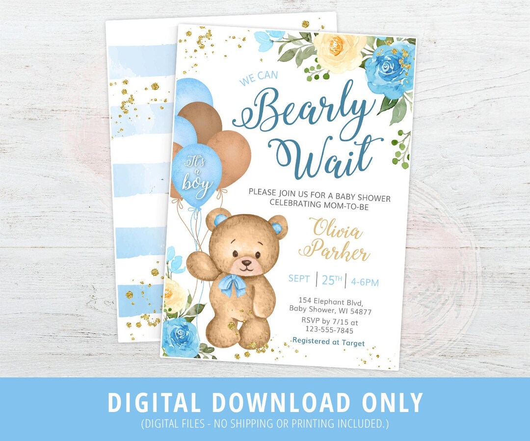 Teddy Bear Baby Shower Invitation Boy, Blue Teddy Bear Baby Shower ...