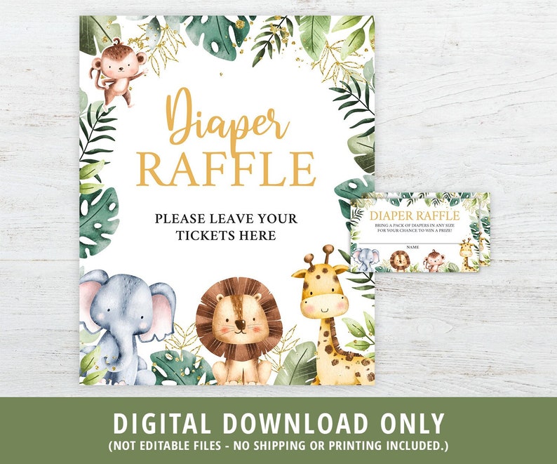 Safari Diaper Raffle Tickets and Sign, Safari Jungle Baby Shower Game ...