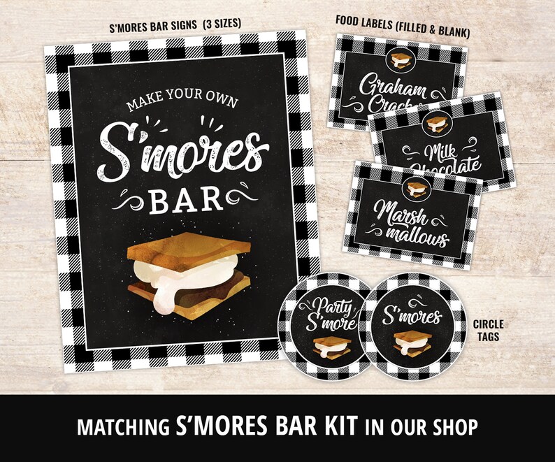 Smores Bar Sign, S'mores Party Sign, Chalkboard Black and White Plaid ...