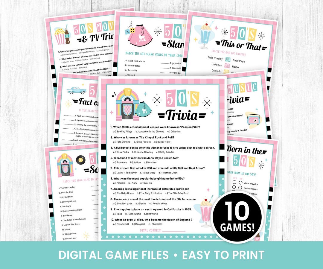 50s Games Bundle Printable, 50s Activities, 50s Party Games, 50s Trivia ...