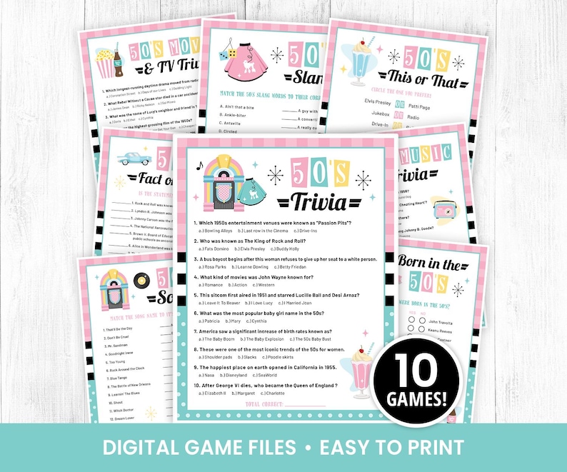 50s Games Bundle Printable, 50s Activities, 50s Party Games, 50s Trivia ...