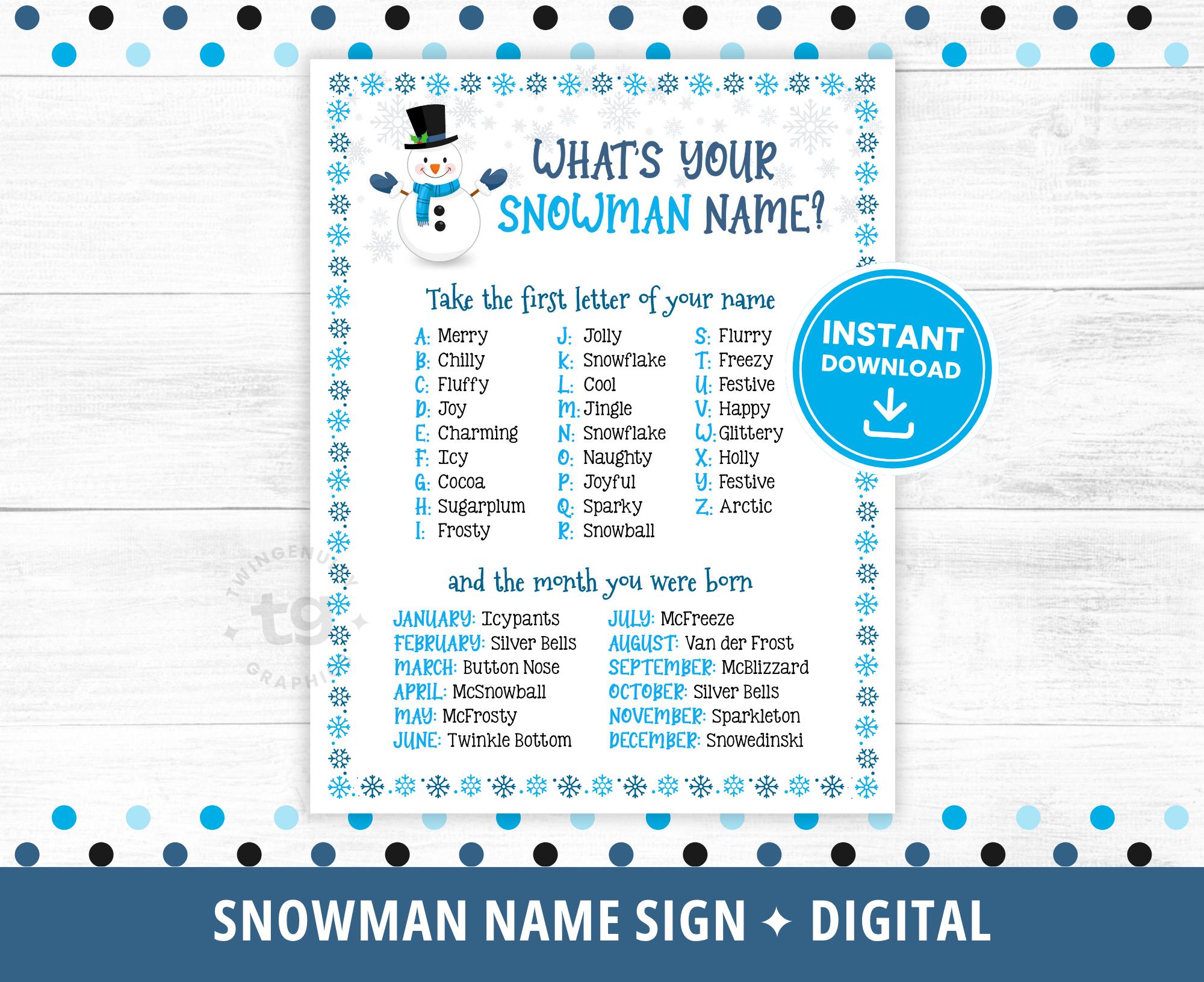What's Your Snowman Name Sign, Snowman Name Game, Winter Game Activity ...