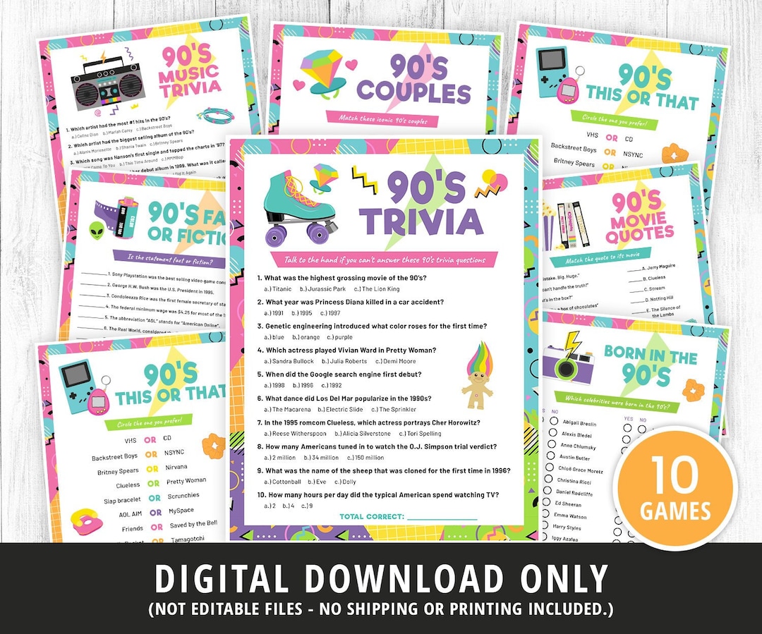 90s Games Bundle Printable 90s Party Games 90s Trivia 90s - Etsy
