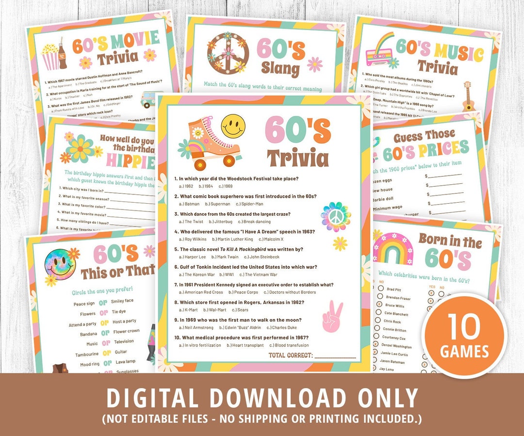 60s Games Bundle Printable 60s Activities 60s Party Games - Etsy