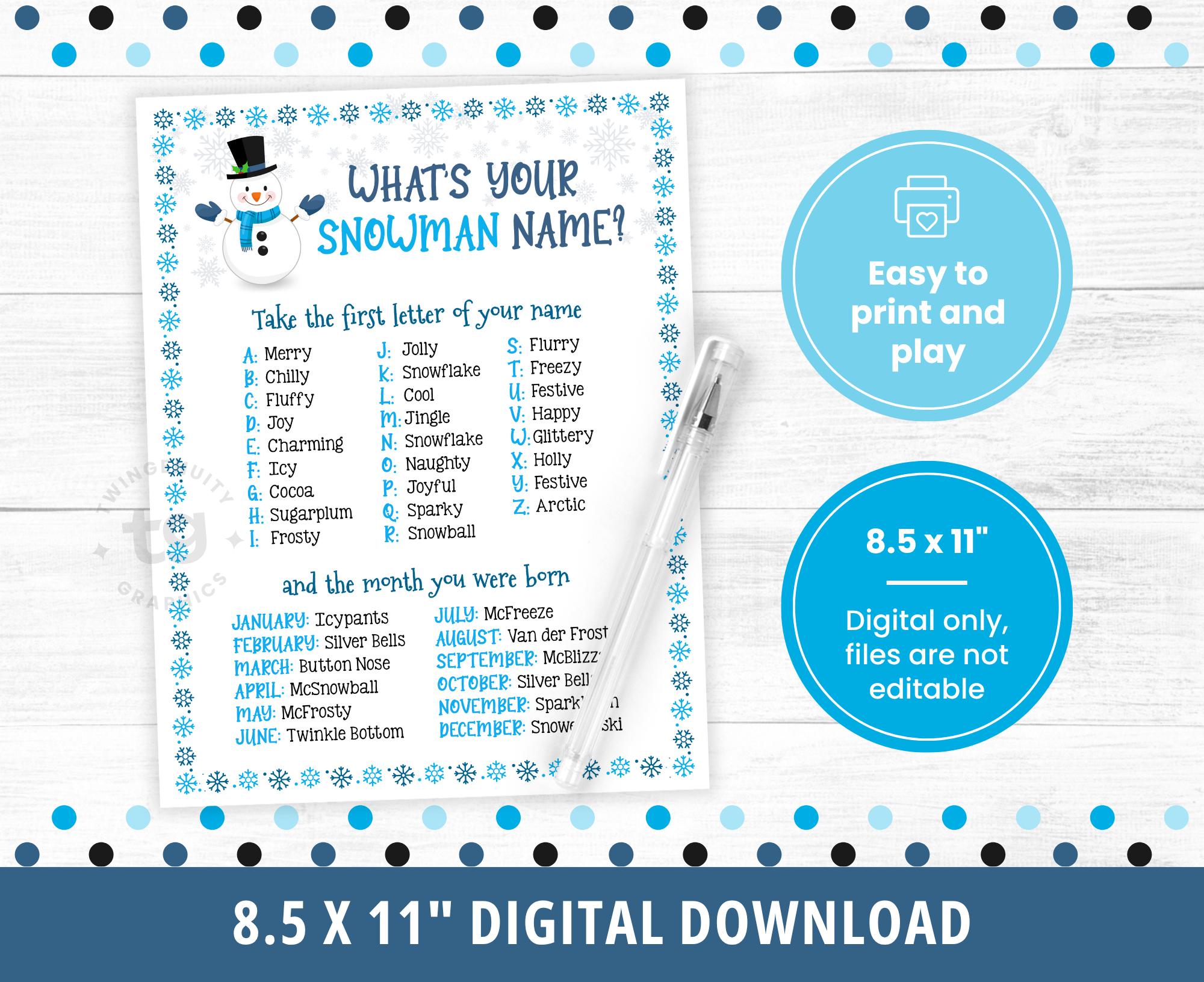 What's Your Snowman Name Sign, Snowman Name Game, Winter Game Activity ...