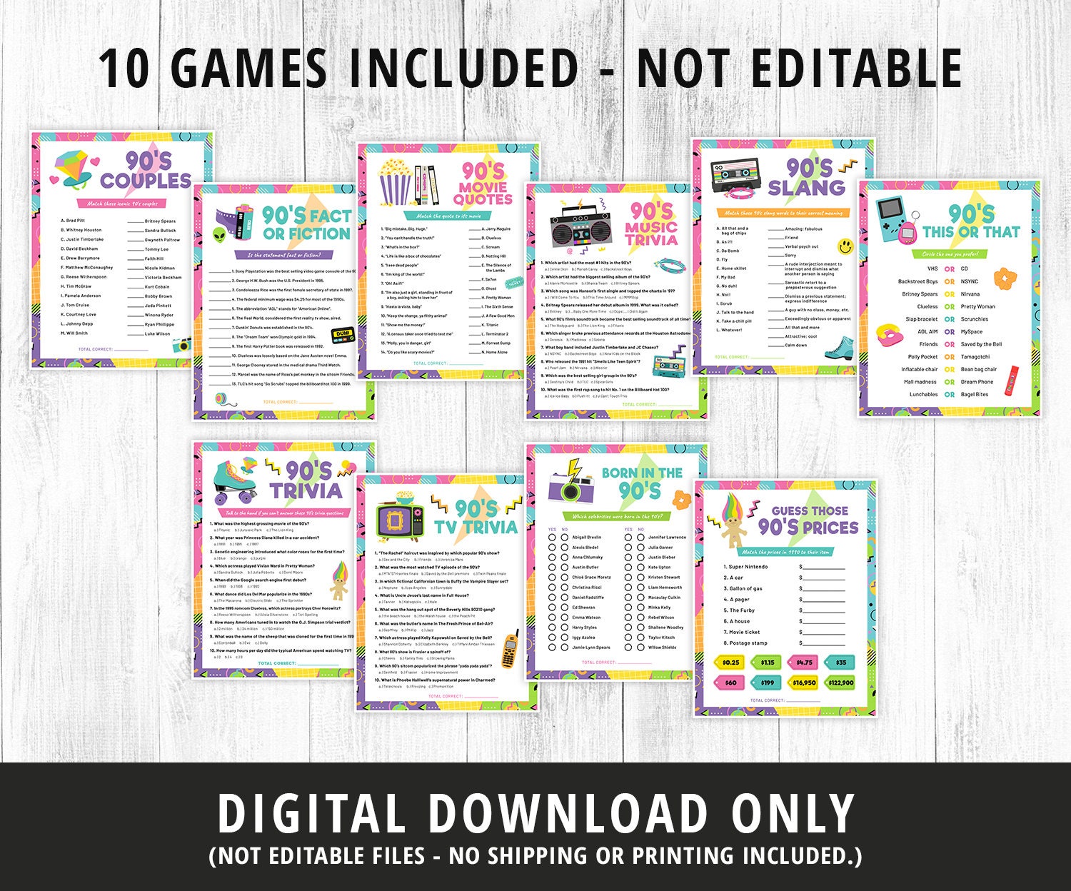 90s Games Bundle Printable 90s Party Games 90s Trivia 90s - Etsy UK