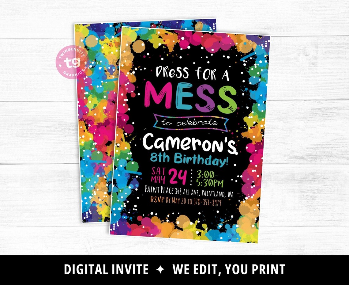 Art Birthday Party Invitation, Neon Painting Party Invitation, Art ...