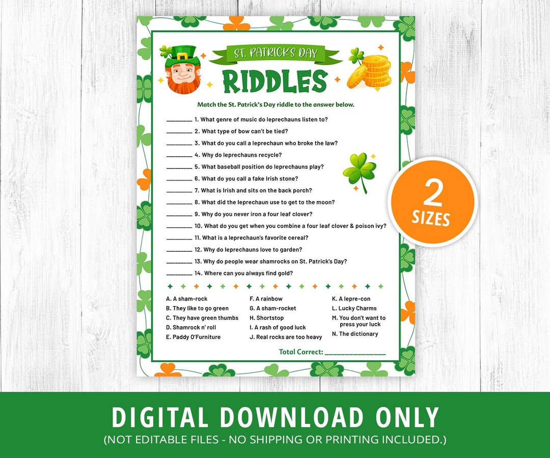 St. Patrick's Day Riddles, St Patrick's Party Activity, Kids St ...