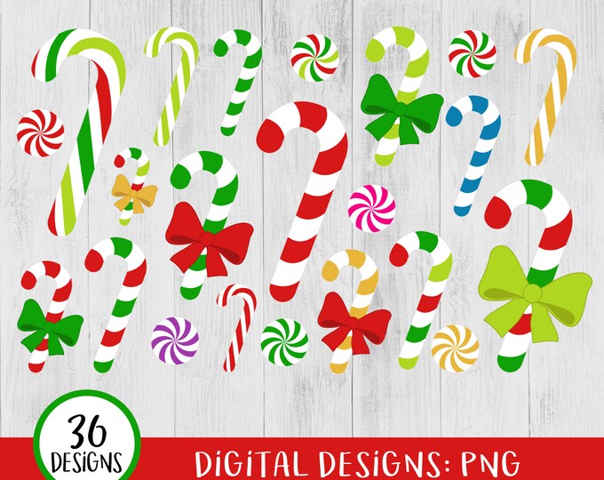Candy Cane Clipart, Christmas Candy Clipart, Candy Cane With Bow ...