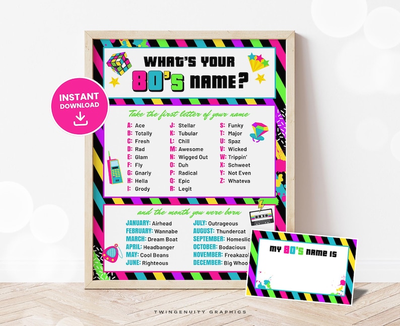 80s Party Sign, Whats Your 80s Name Sign, 80s Birthday Theme, 1980s ...