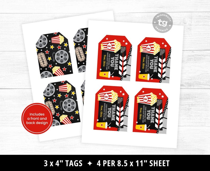 Movie Thank You Tags, Movie Night Favor Tags, Movie Night Party Favors ...