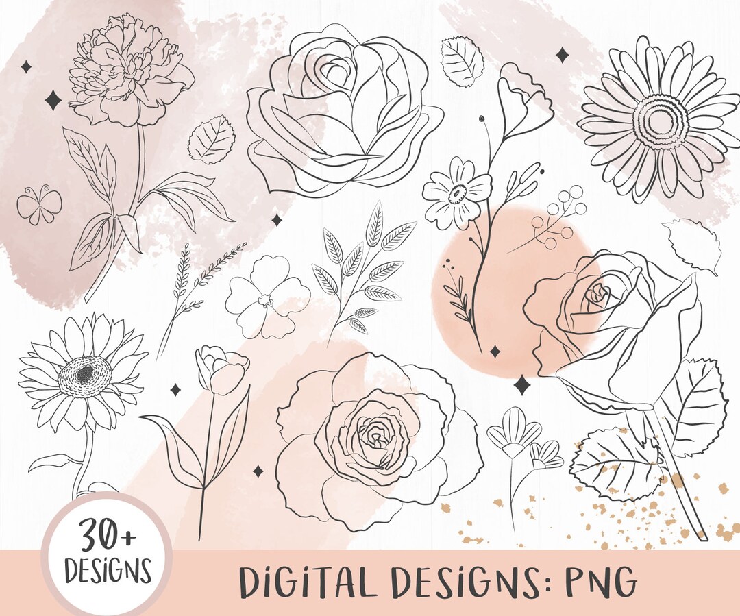 Floral Line Art Clipart, Hand-drawn Flowers, Botanical Doodles, Flower ...