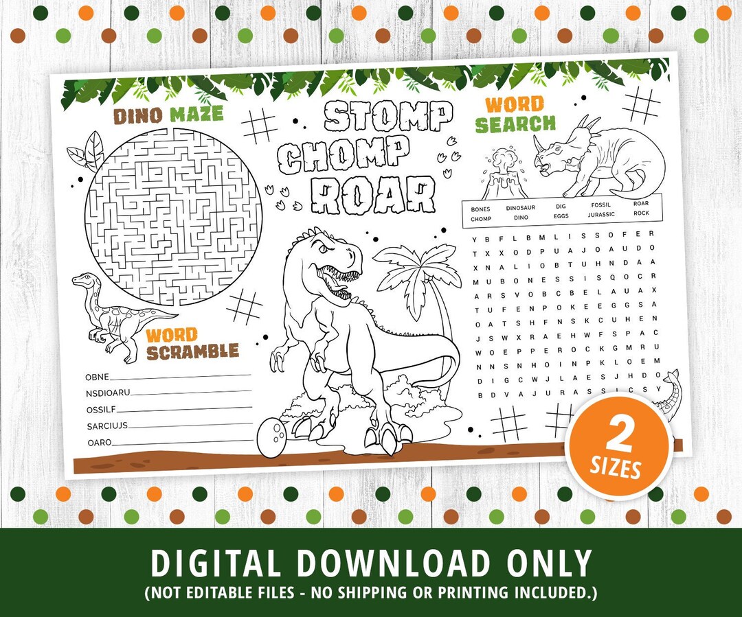 Dinosaur Placemat, Kids Dinosaur Coloring Placemat, Dinosaur Games ...