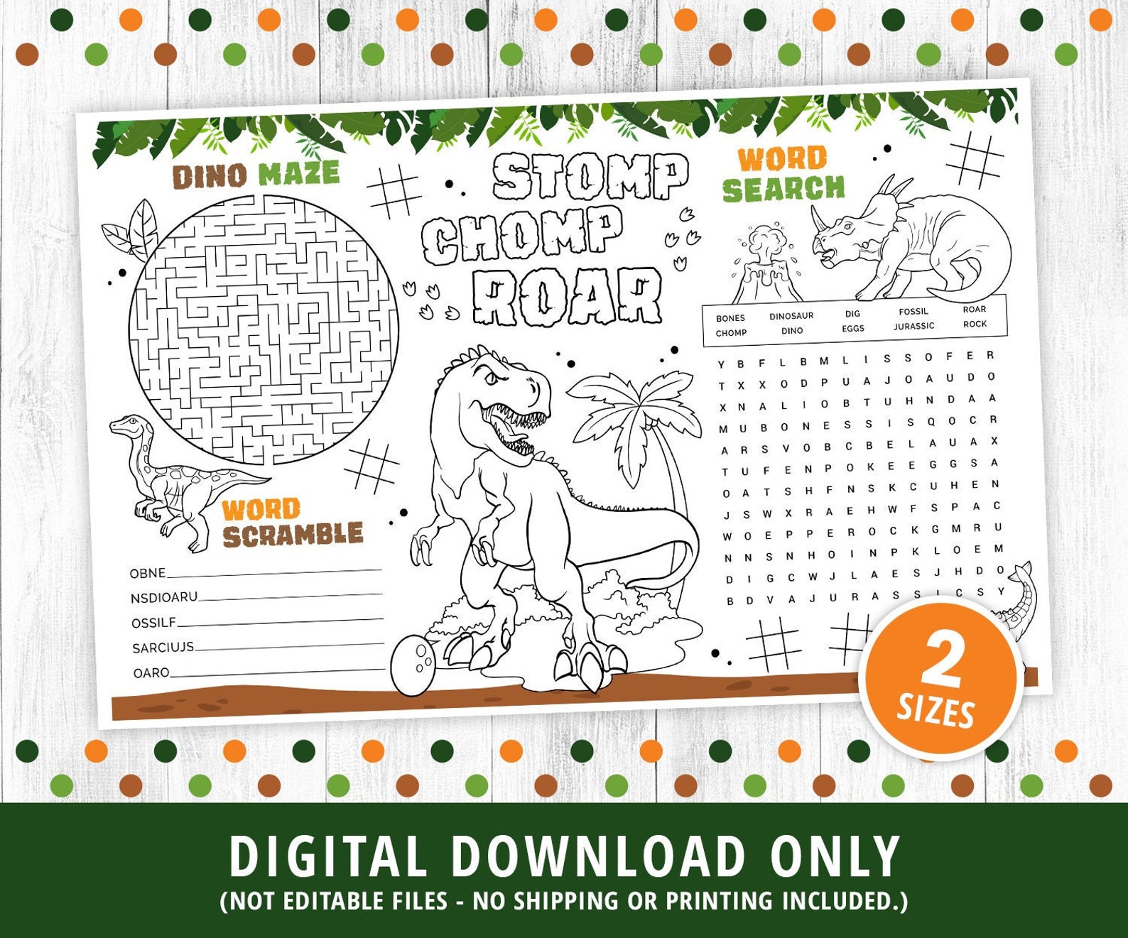 Dinosaur Placemat, Kids Dinosaur Coloring Placemat, Dinosaur Games ...