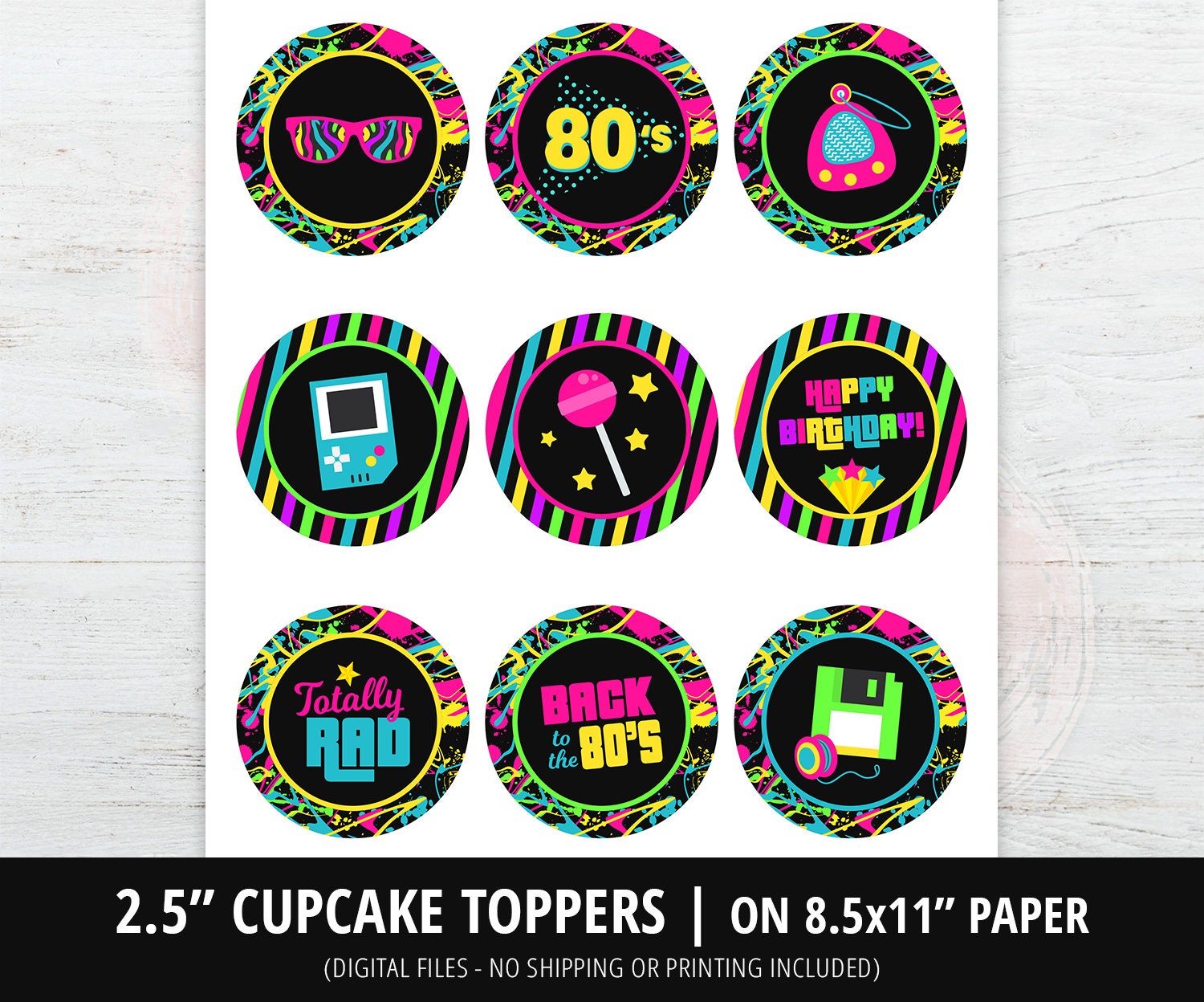 80s Retro Cupcake Toppers, 80s Birthday Party, 80s Neon Birthday Party ...