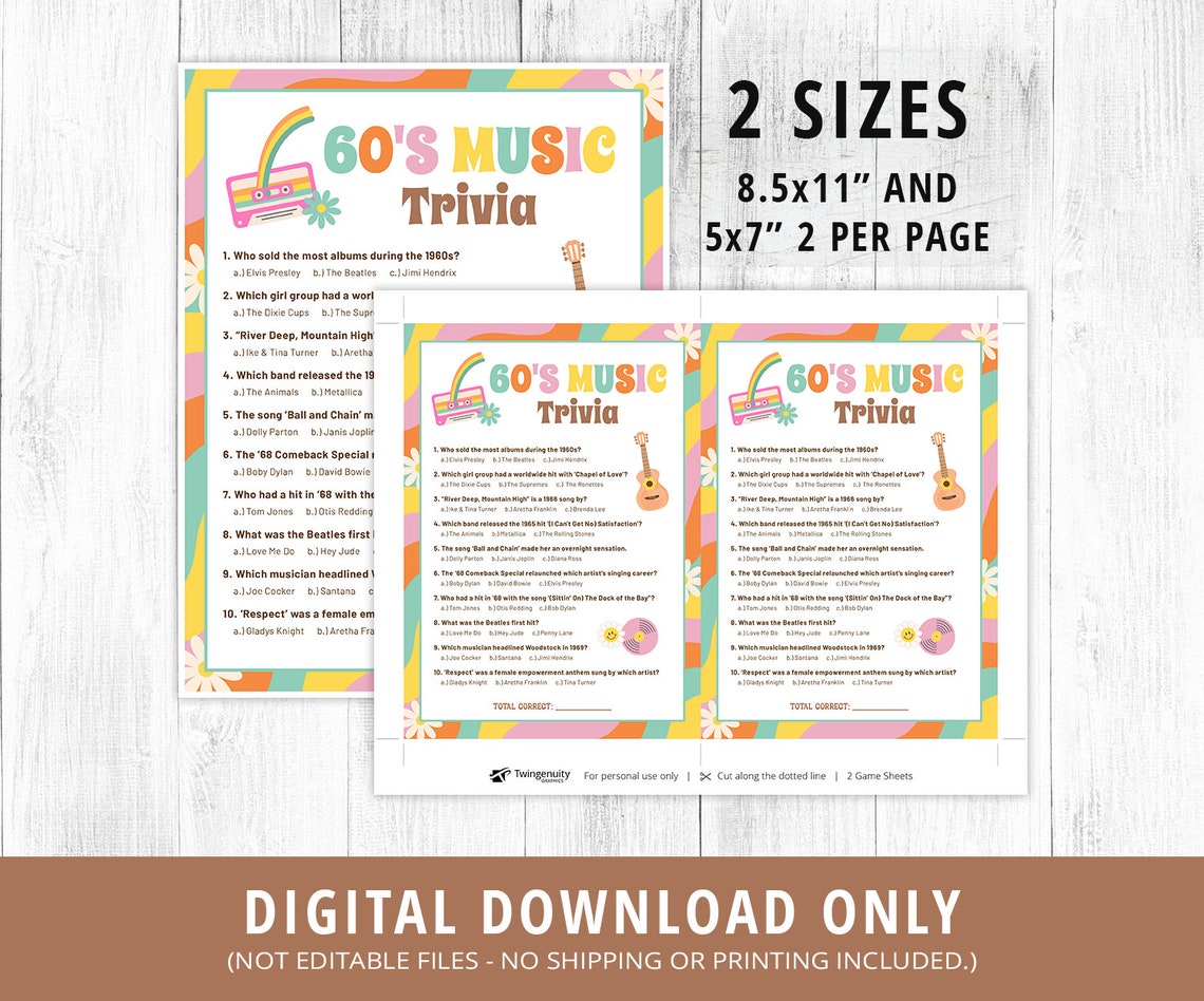 60s Games Bundle Printable, 60s Activities, 60s Party Games, 60s Trivia ...