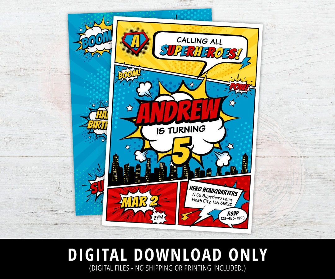 Superhero Invitation, Superhero Comic Birthday Invite, Superhero ...