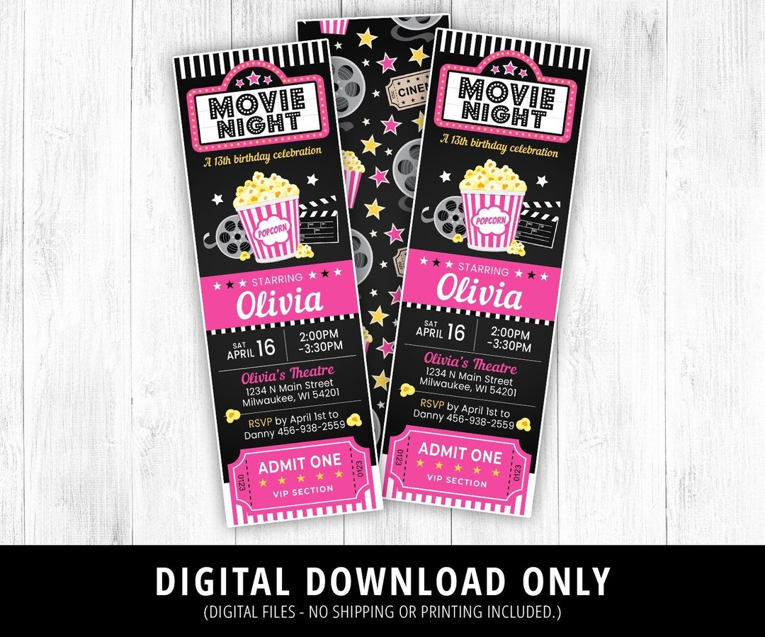 Girls Movie Ticket Invite, Movie Night Invitation Pink, Movie Birthday ...