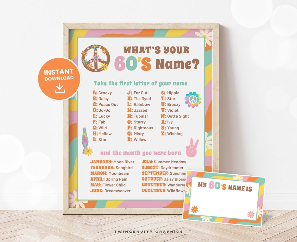 60s Party Sign, Whats Your 60s Name Sign, 60s Birthday Theme, 1960s ...
