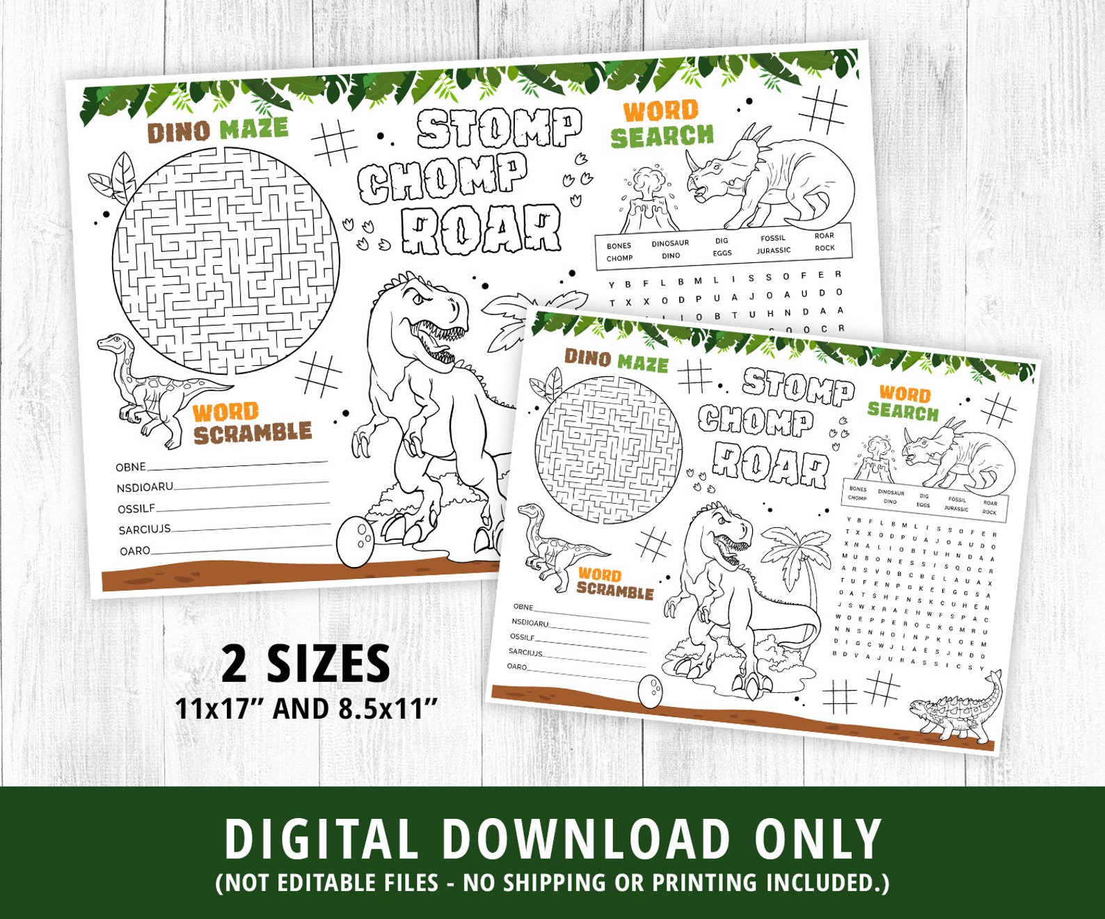 Dinosaur Placemat, Kids Dinosaur Coloring Placemat, Dinosaur Games ...