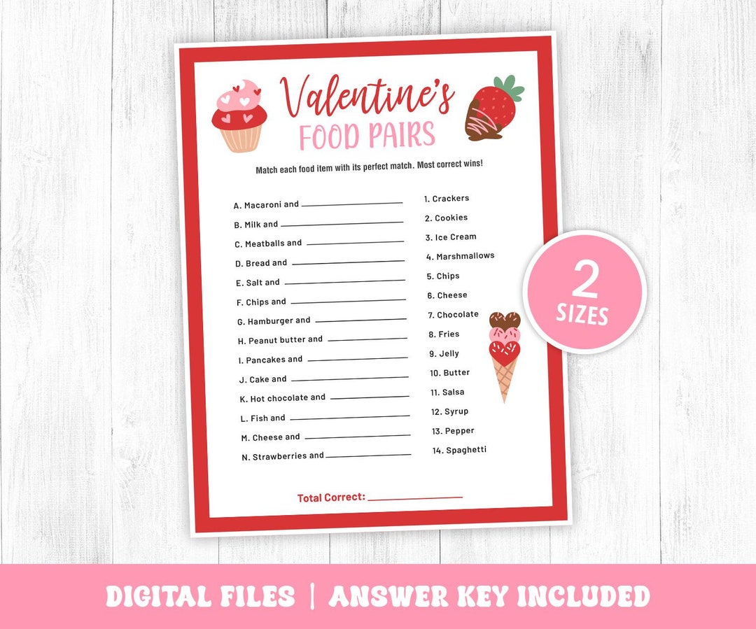 Valentine's Day Food Pairs Game, Valentine's Party Games, Valentines ...