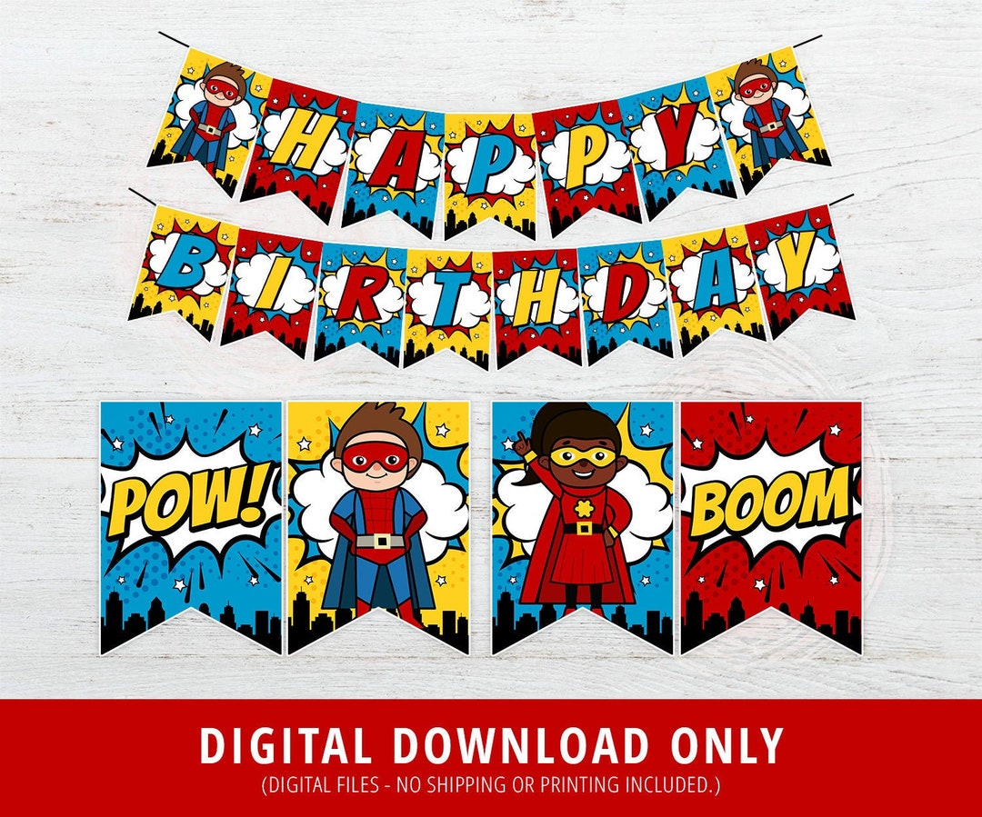 SUPERHERO Birthday Banner, Printable Superhero Birthday Banner, Comic ...