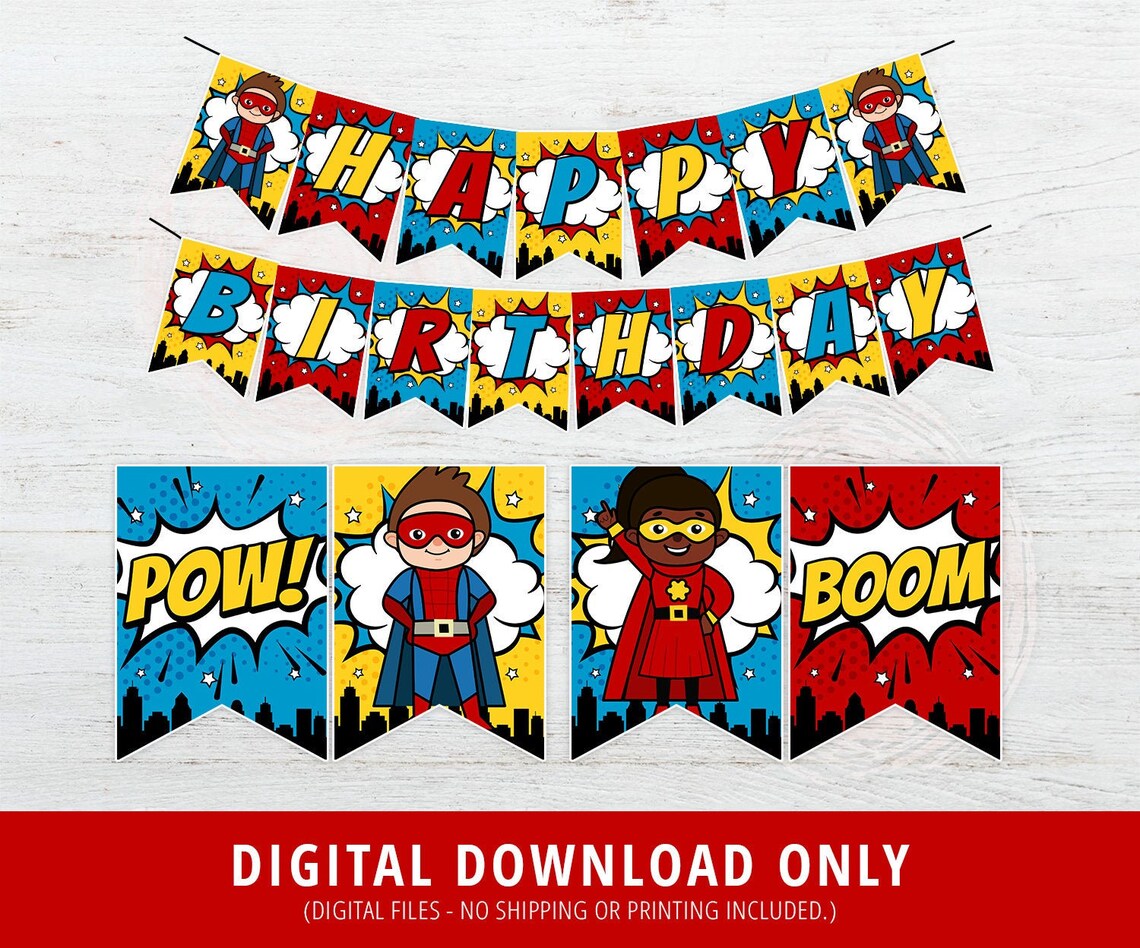 SUPERHERO Birthday Banner Printable Superhero Birthday | Etsy