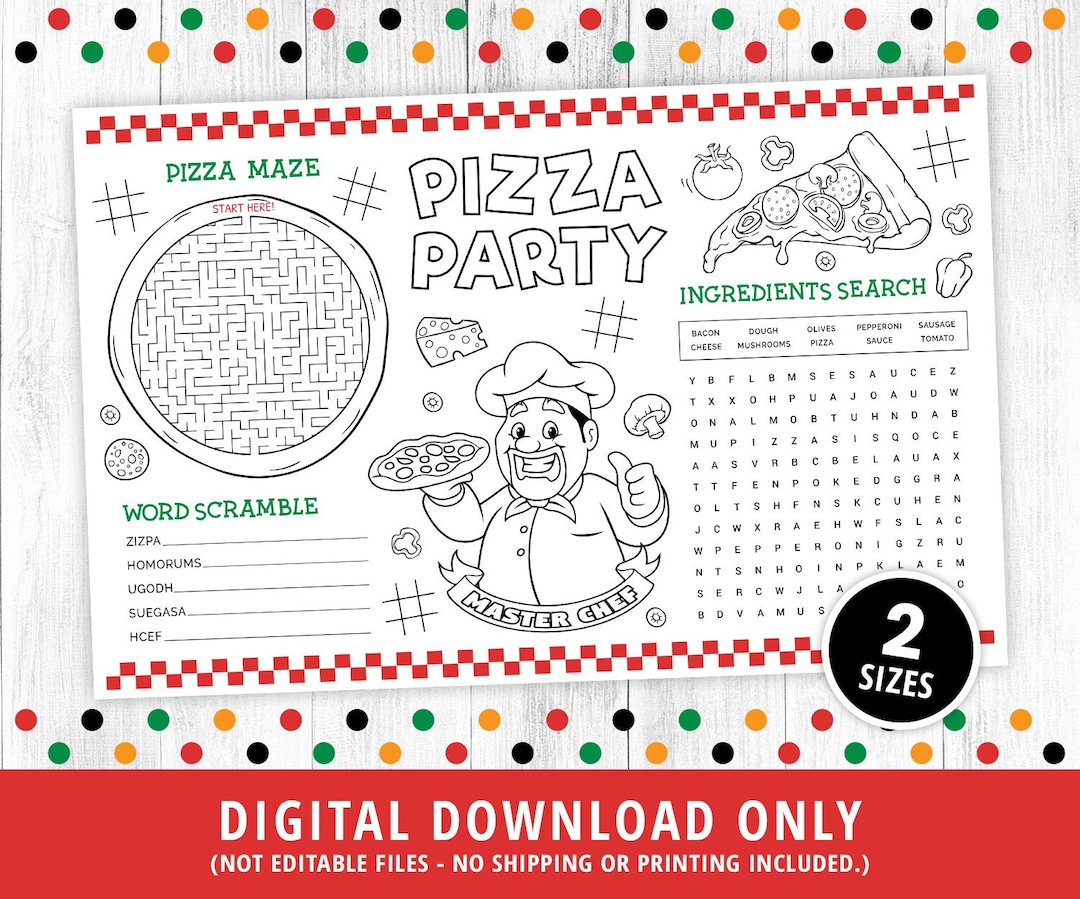 Pizza Party Placemat, Kids Pizza Coloring Placemat, Pizza Games, Pizza ...