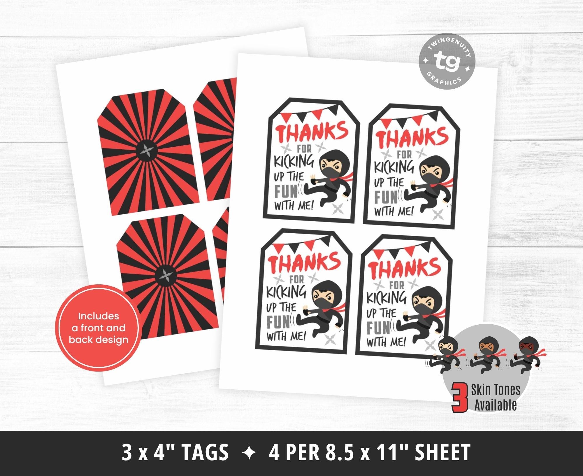 Ninja Birthday Thank You Gift Tags, Ninja Favor Tags, Karate Tags ...