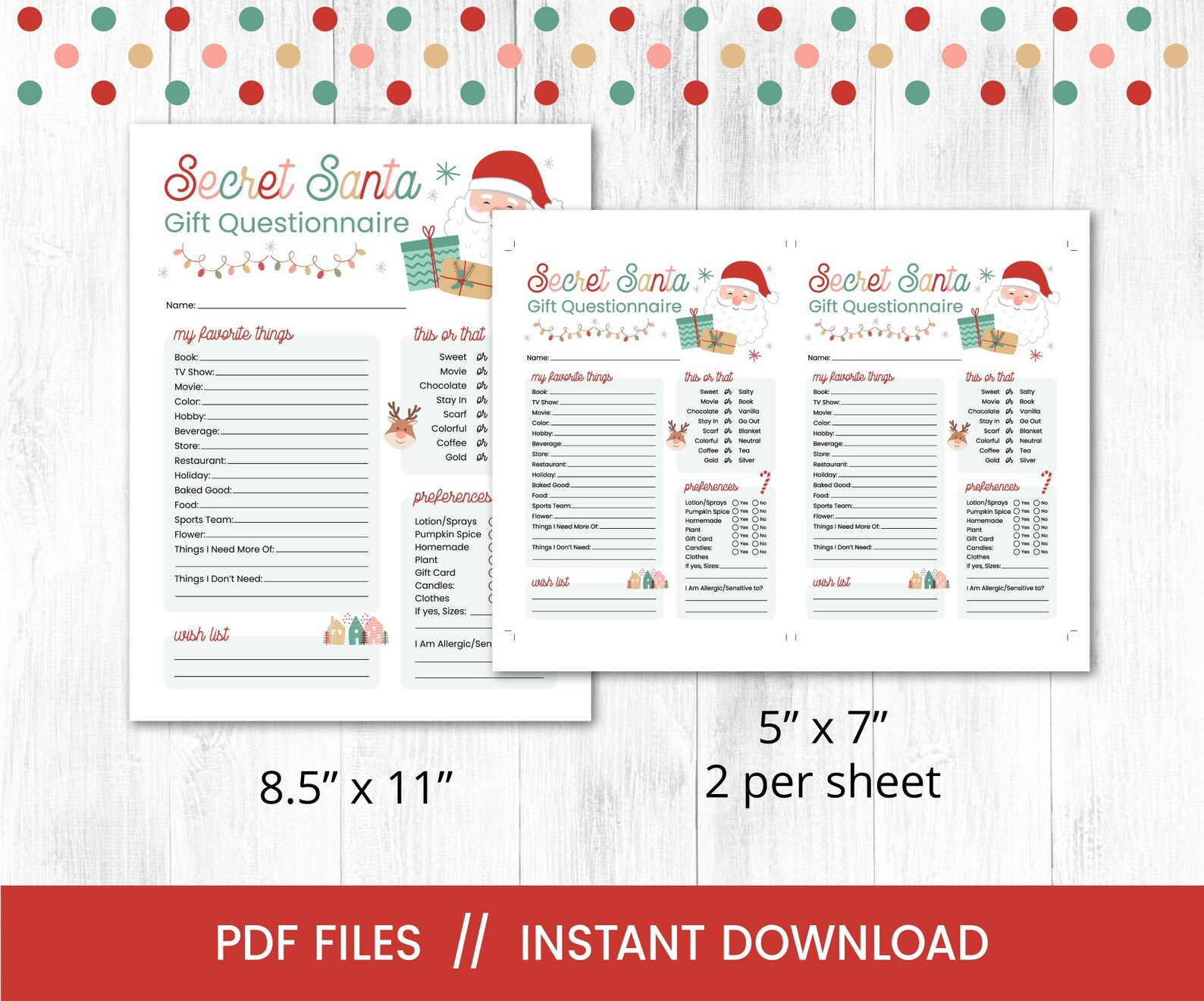 Secret Santa Gift Questionnaire Printable, Christmas Gift List of ...