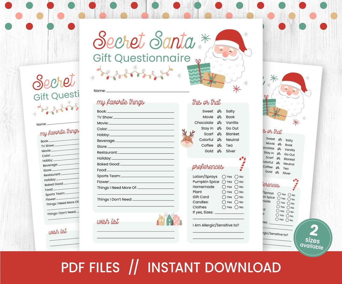 Secret Santa Gift Questionnaire Printable, Christmas Gift List of ...