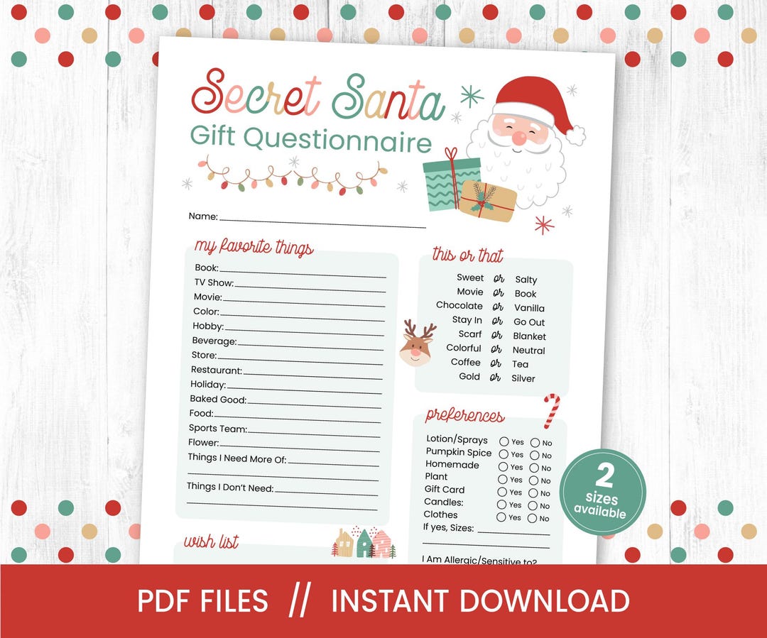 Secret Santa Gift Questionnaire Printable, Christmas Gift List of ...