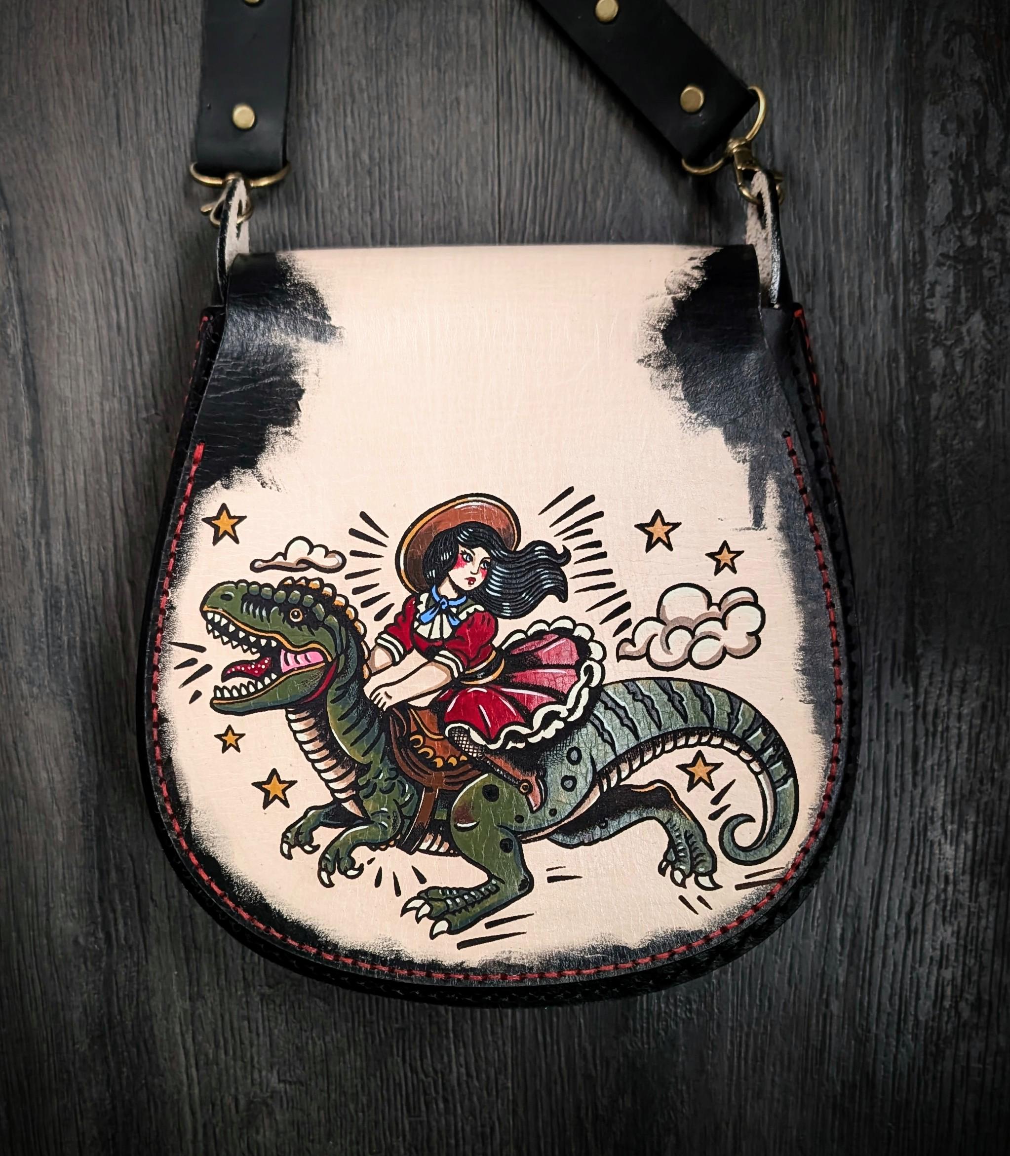American Traditional Tattoo Style Leather Crossbody Purse Dino Cowgirl ...