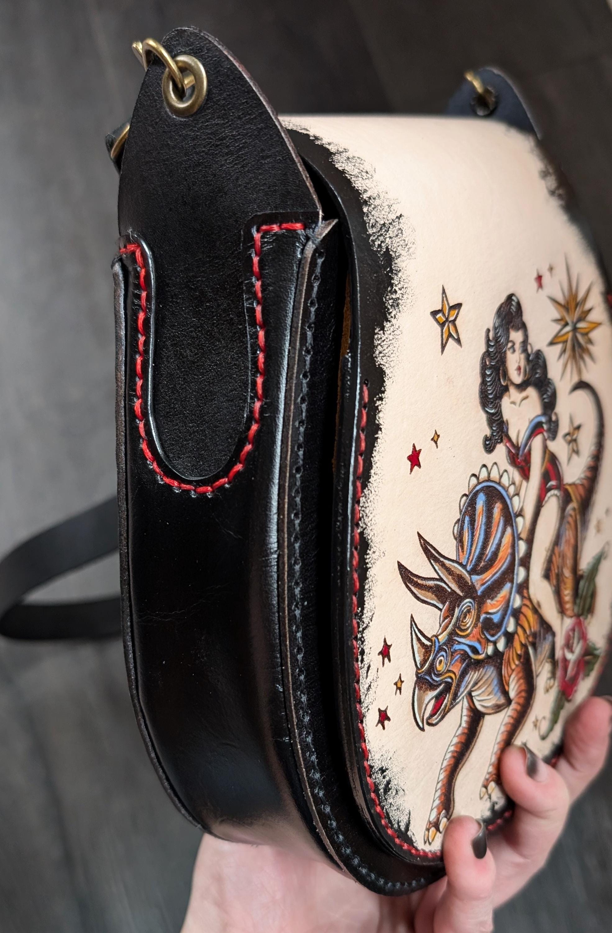 American Traditional Tattoo Style Leather Crossbody Purse Triceratops ...