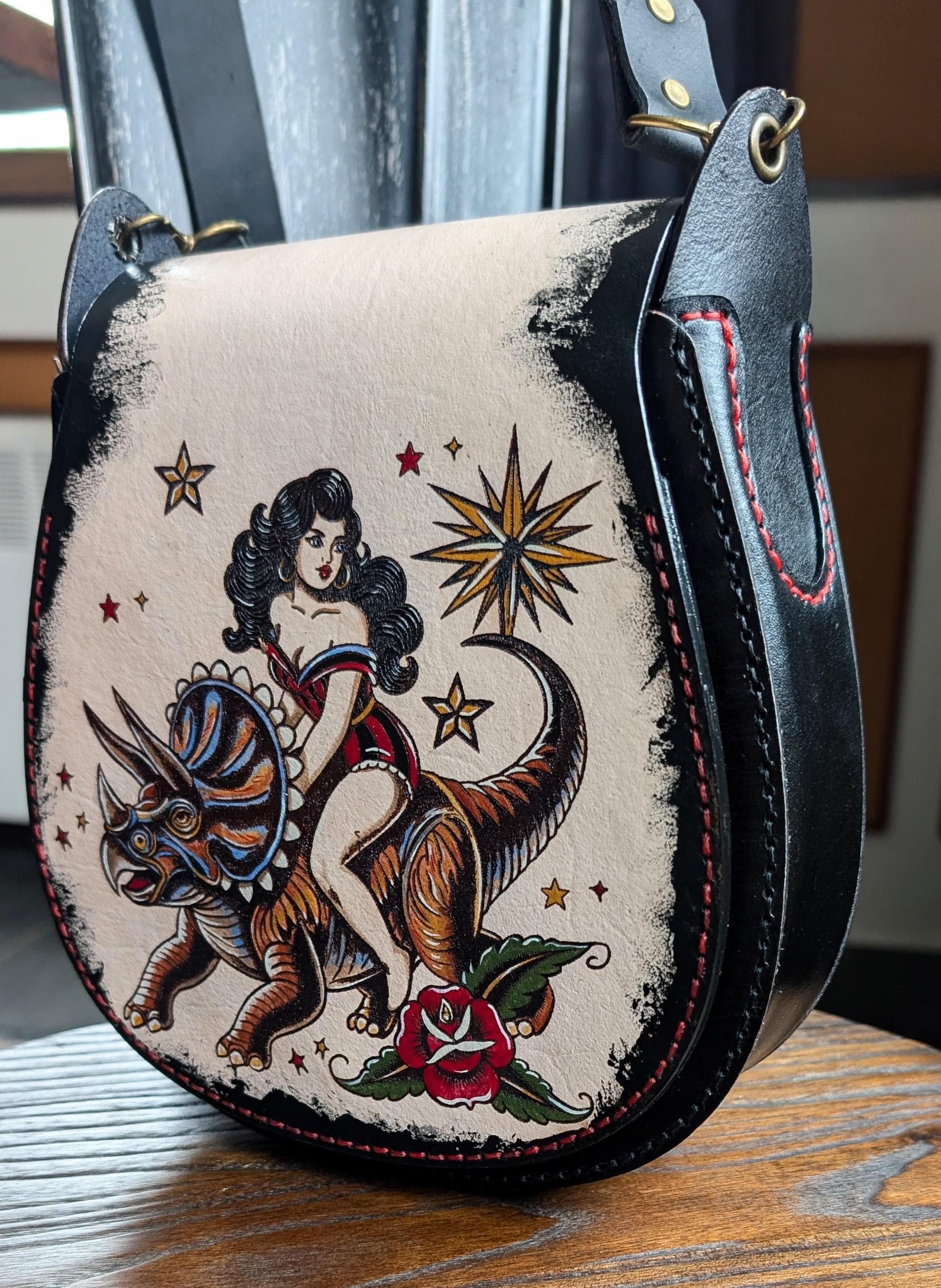 American Traditional Tattoo Style Leather Crossbody Purse Triceratops ...