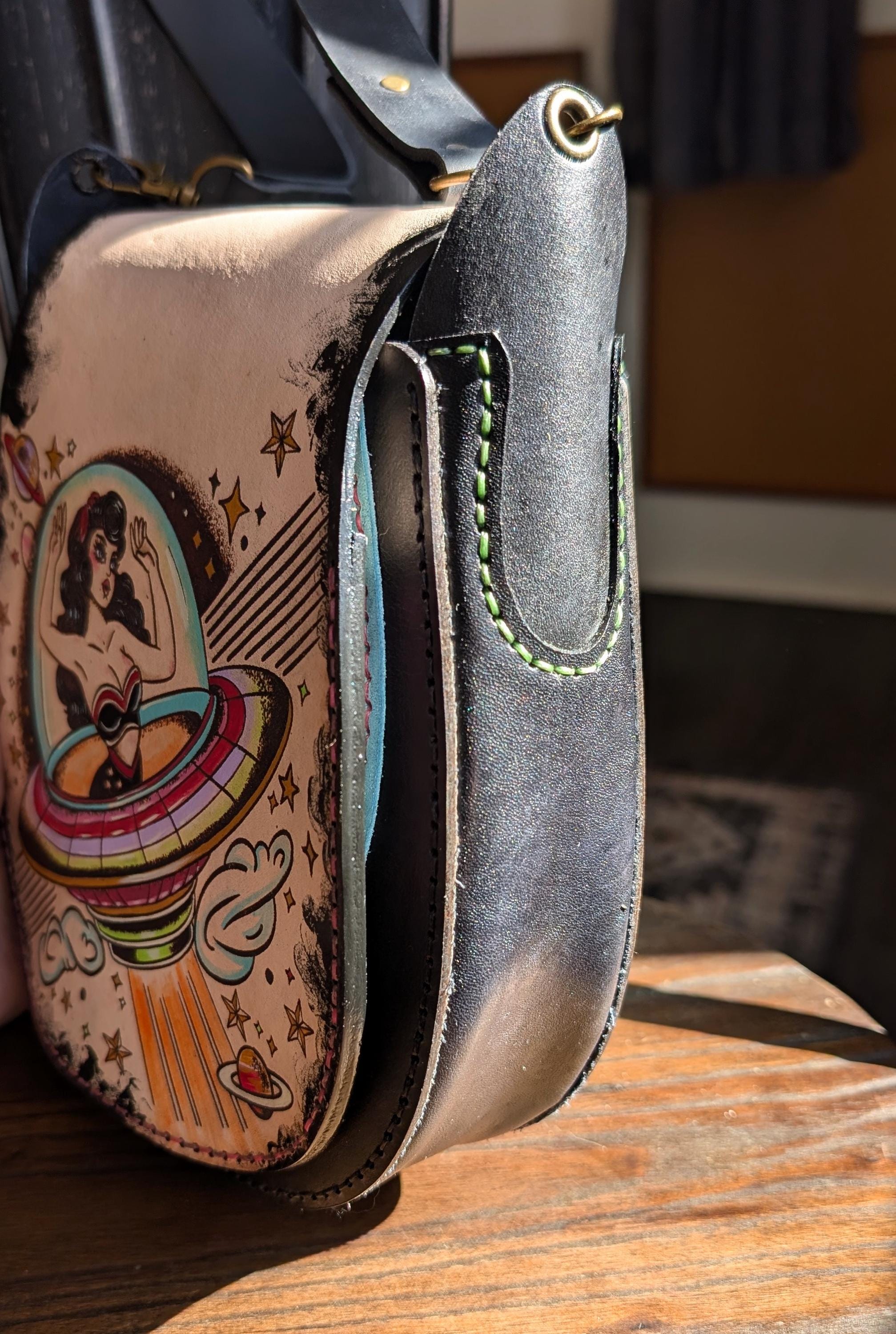 American Traditional Tattoo Style Leather UFO Abduction Crossbody Purse ...