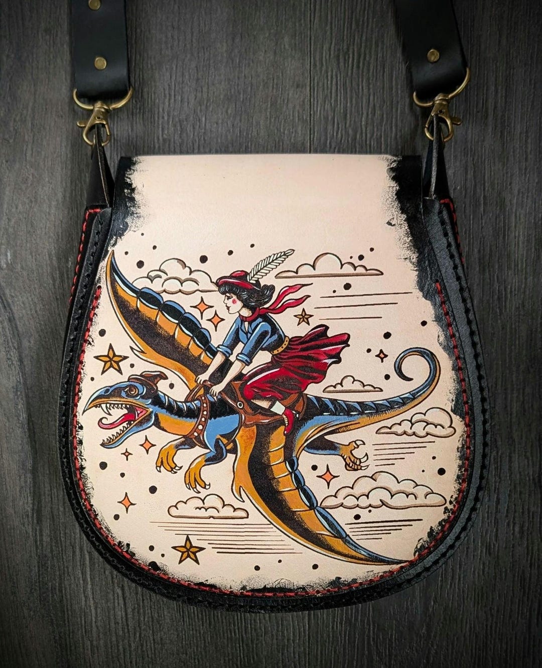 American Traditional Tattoo Style Leather Crossbody Purse Triceratops ...