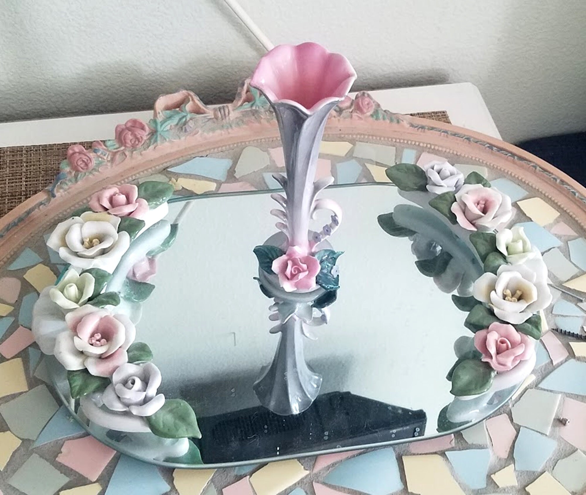 Vintage Porcelain Rose Mirrored Vanity Tray