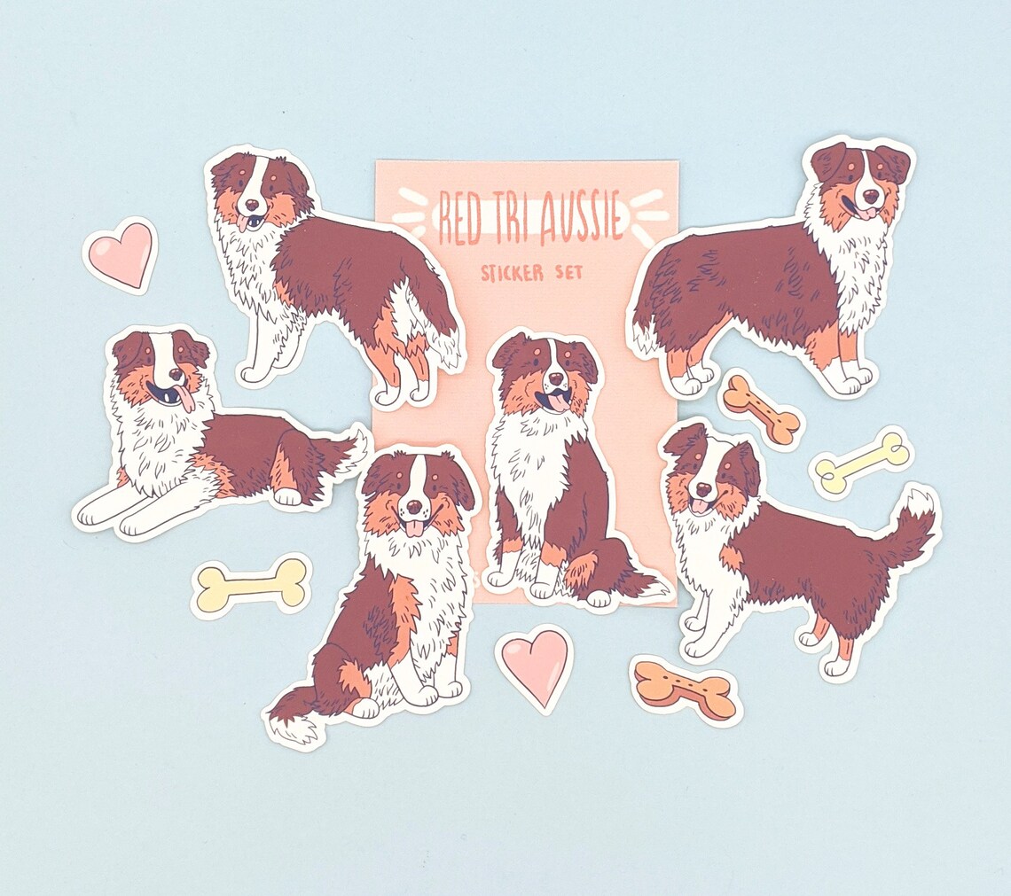Cute Dog Stickers - Red Tri Australian Shepherd With Tail Sticker Set ...