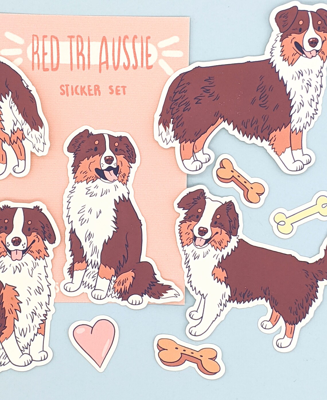 Cute Dog Stickers - Red Tri Australian Shepherd With Tail Sticker Set ...