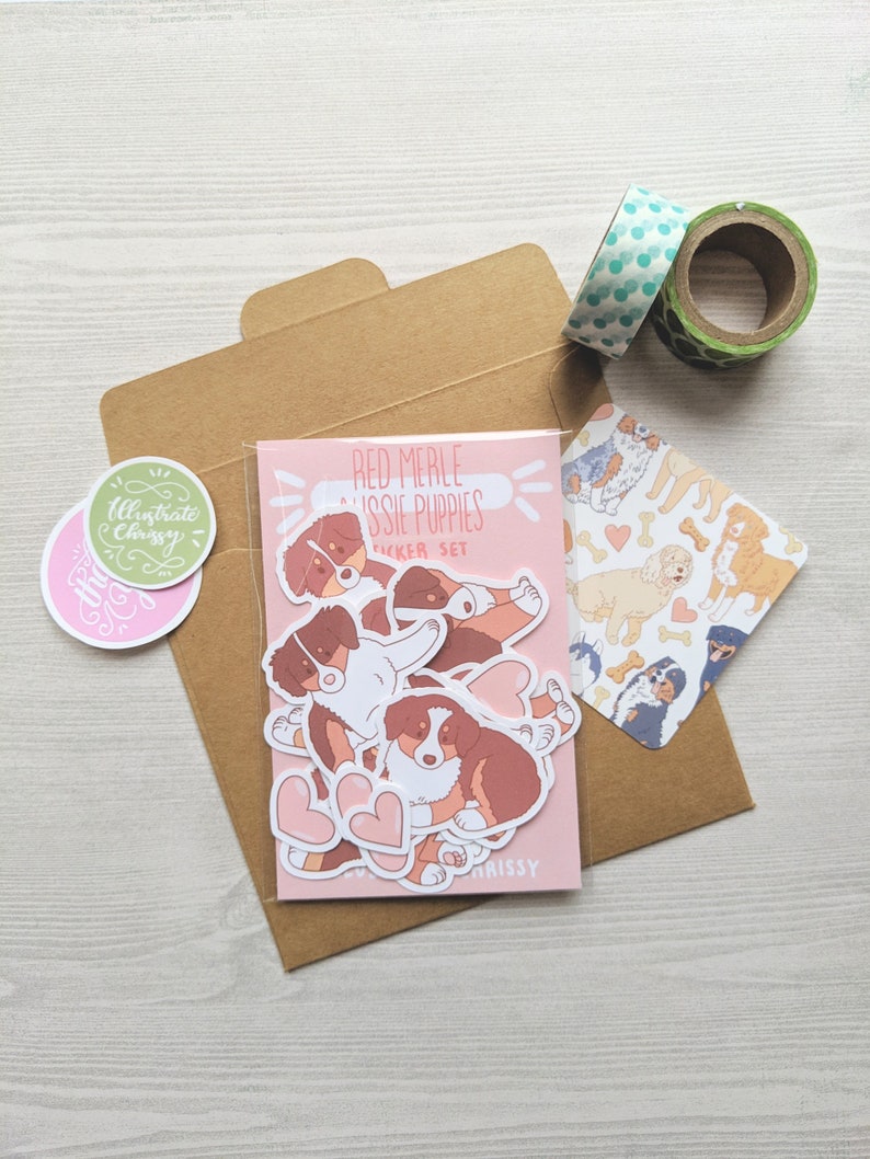 Cute Puppy Stickers - Australian Shepherd Puppy - Red Tri Aussie - Cute ...