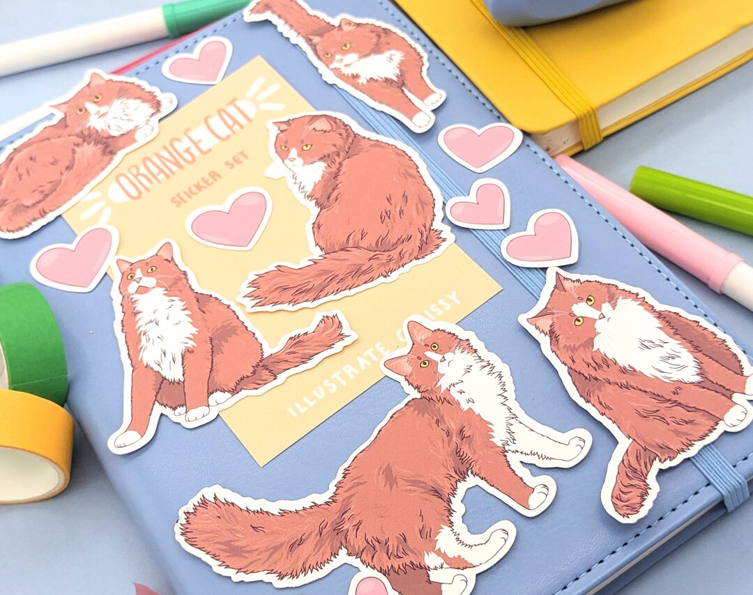 Long Hair Orange Cat Stickers - Cat Sticker Set - Orange and White Cat ...