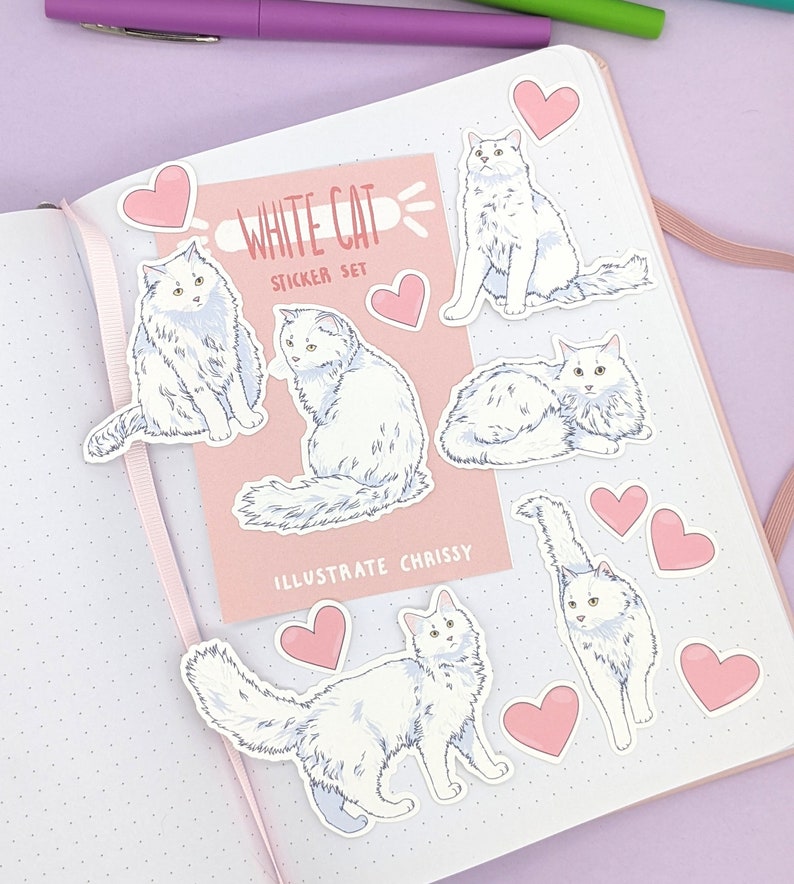 Long Hair White Cat Stickers - Waterproof Cat Sticker Set - Etsy