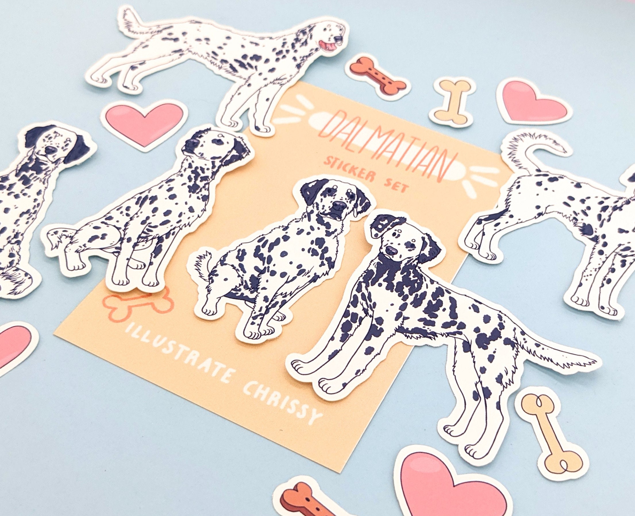 Long Hair Dalmatian Sticker Set - Dark Black and White Dog Stickers ...