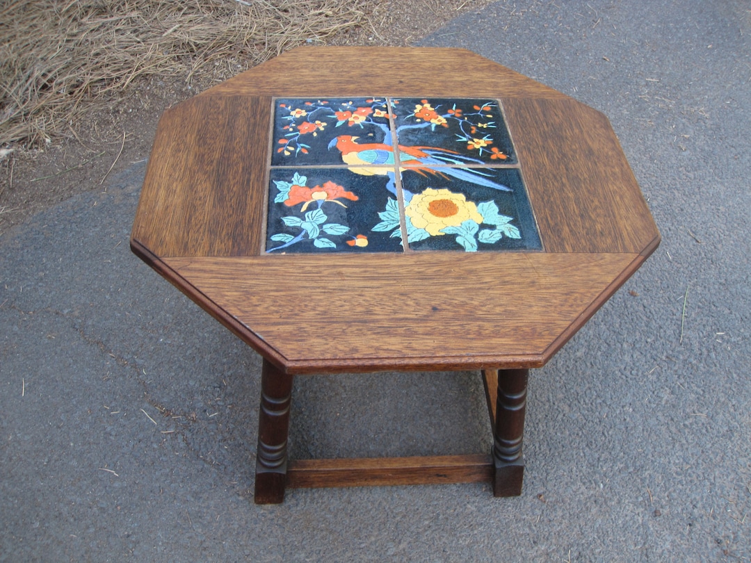 Vintage Tile Top Table: Octagonal Bird Parrot Arts & Crafts Side Table ...