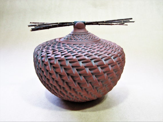 Vintage Kenneth Standhardt Pottery Vessel With Lid Twig Handle - Etsy