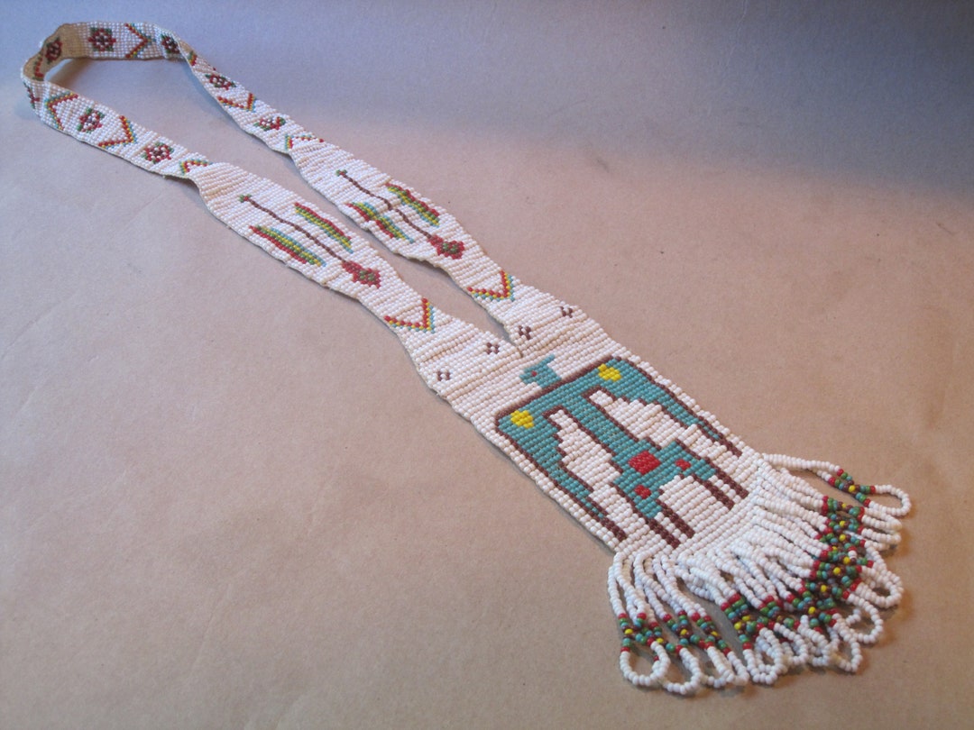 Vintage Native American Thunderbird Micro Glass Seed Bead Long Necklace ...