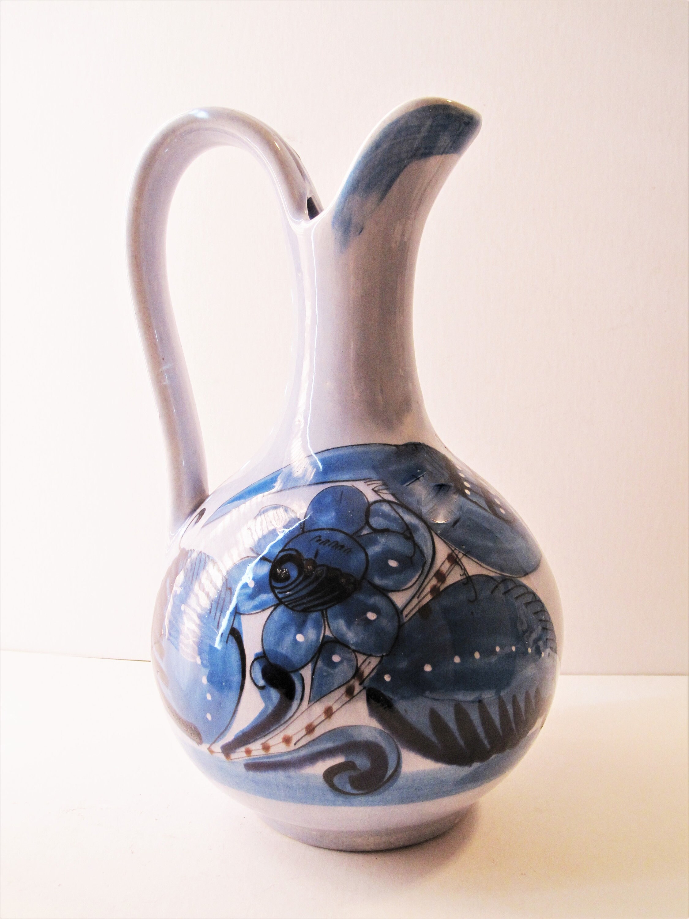 Tonala Tall Hand Painted Bluebird Pottery Pitcher Carafe Ewer | Etsy