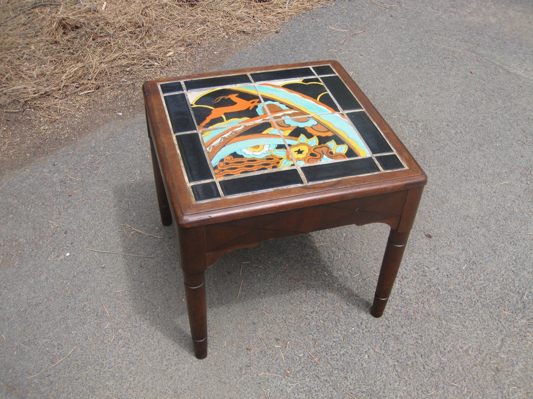 Vintage RARE Tile Top Leaping Deer Table Orange Black Mural Tile Arts ...