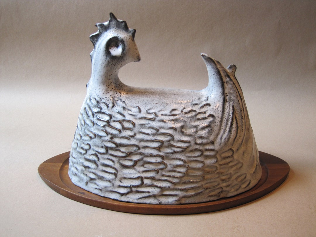 Vintage Mid Century Glazed Pottery Chicken Covered Dish Figure Hen on A ...